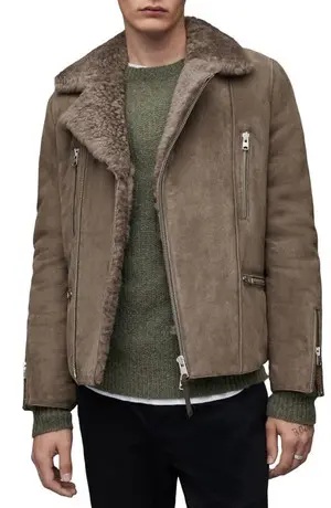Allsaints Dylan Genuine Shearling Biker Jacket In Inox Grey - 30